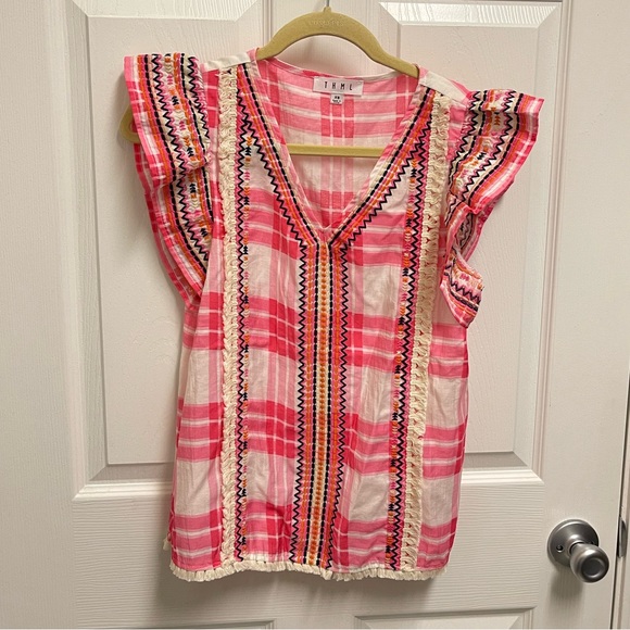 THML | Tops | Thml Pink Plaid Embroidered Blouse | Poshmark